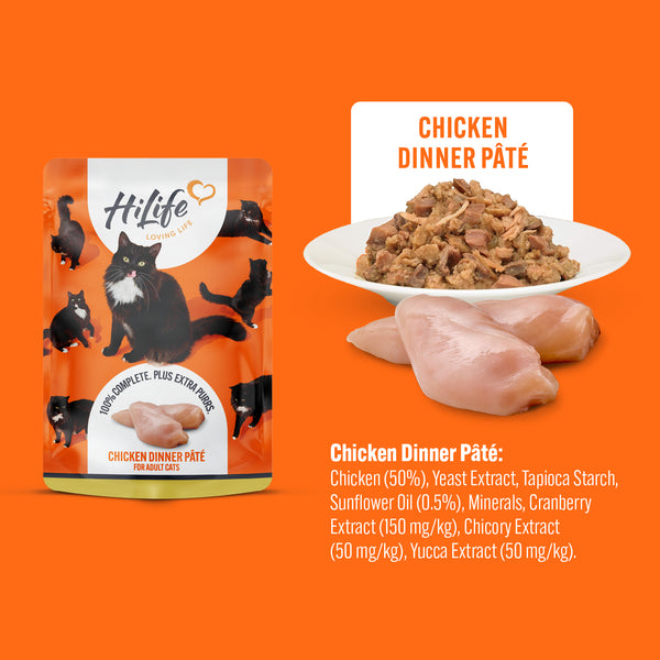 HiLife Adult Cat Chicken Dinner Pate 70g Pouches - 18 Pack