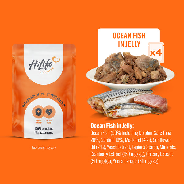 HiLife Adult Cat Ocean Fish Recipes in 70g Jelly Pouches - 8 or 32 Pac